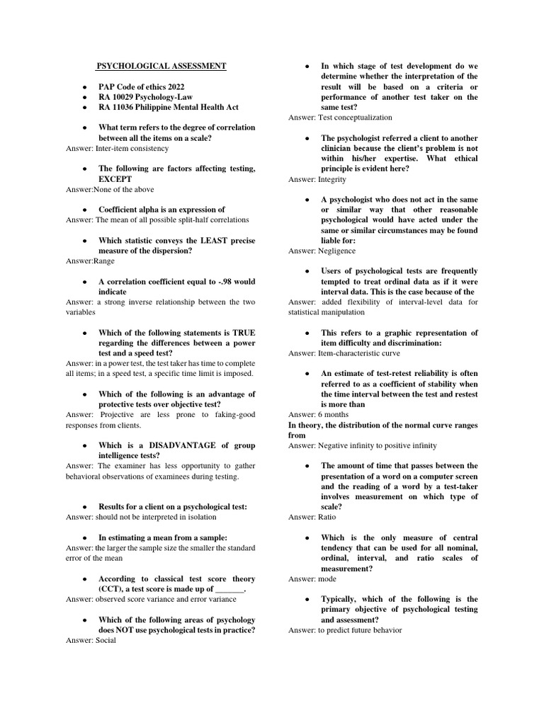 Psychological Assessment Reviewer | PDF | Psychological Testing ...