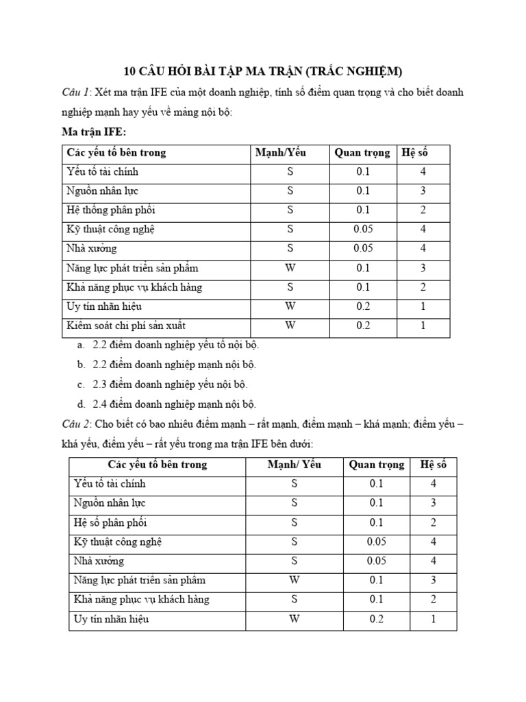 10 Bài Tập Ma Trận QTCL (TN) | PDF
