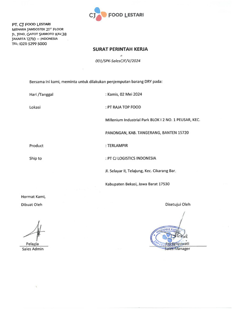 001 - Spk-Salescjf - IV - 2024 SPK Penjemputan Barang Dry PT Raja Top Food - 02052024 | PDF