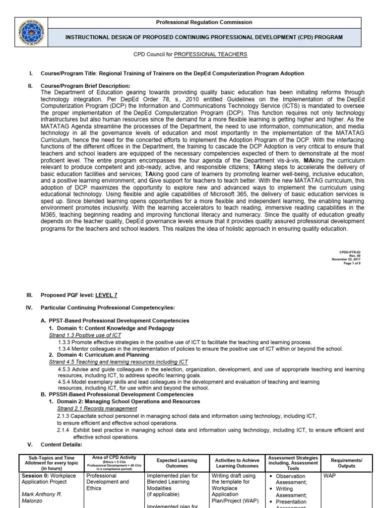 CPDD PTR 02 Instructional Design R4A REGIONAL TRAINING OF TRAINERS ON DCP ADOPTION | PDF ...