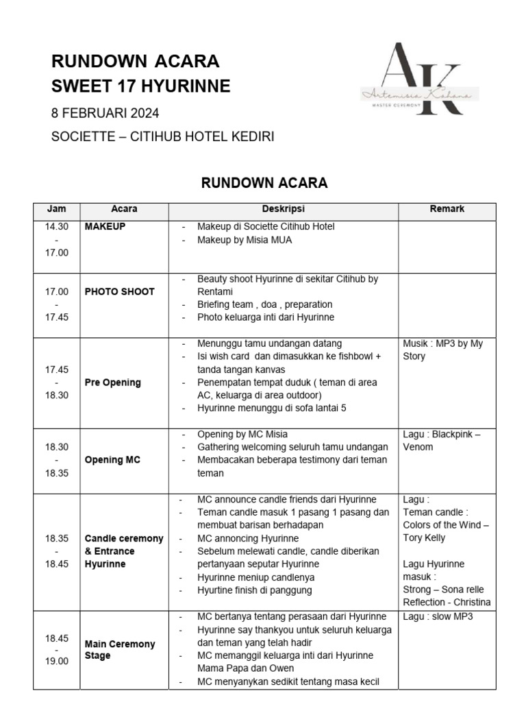 Rundown Acara Sweet 17 Hyurinne | PDF