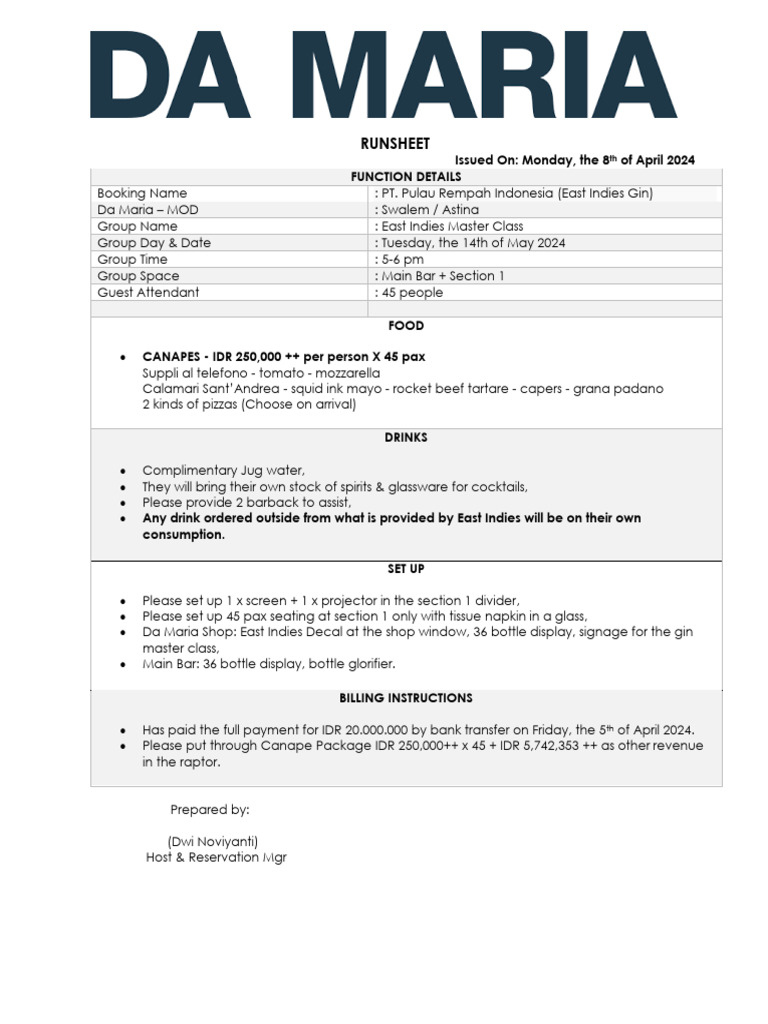 Runsheet - PT Pulau Rempah Indonesia | PDF