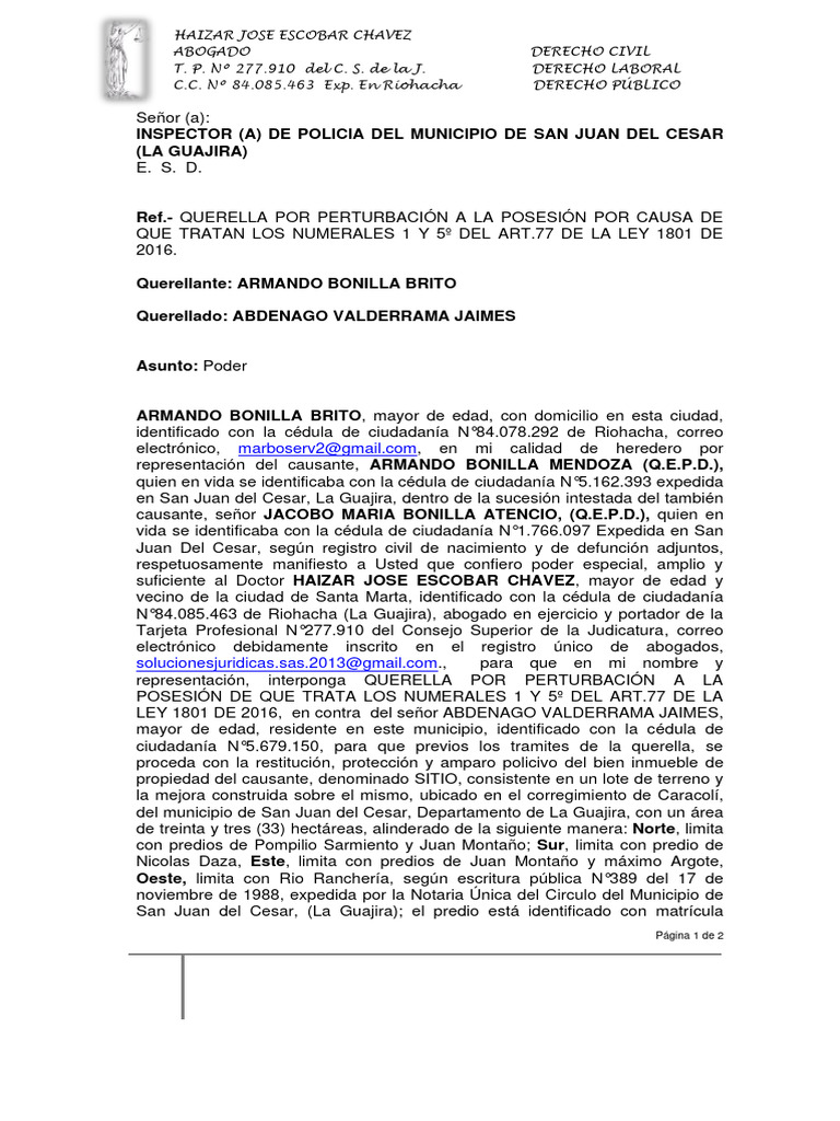 Poder de Proceso Policivo de Armando Bonilla Brito-Heredero de Armando - Predio Sitio | PDF ...