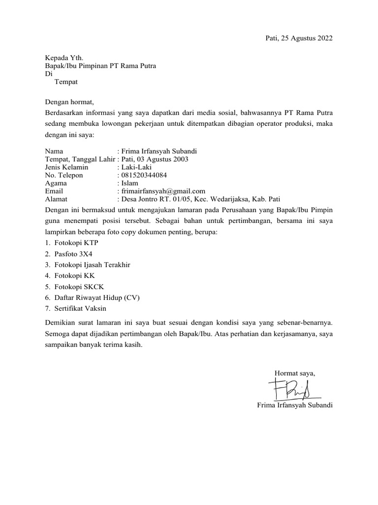 Surat Lamaran Frima Irfansyah Subandi - PT Rama Putra | PDF | Hukum