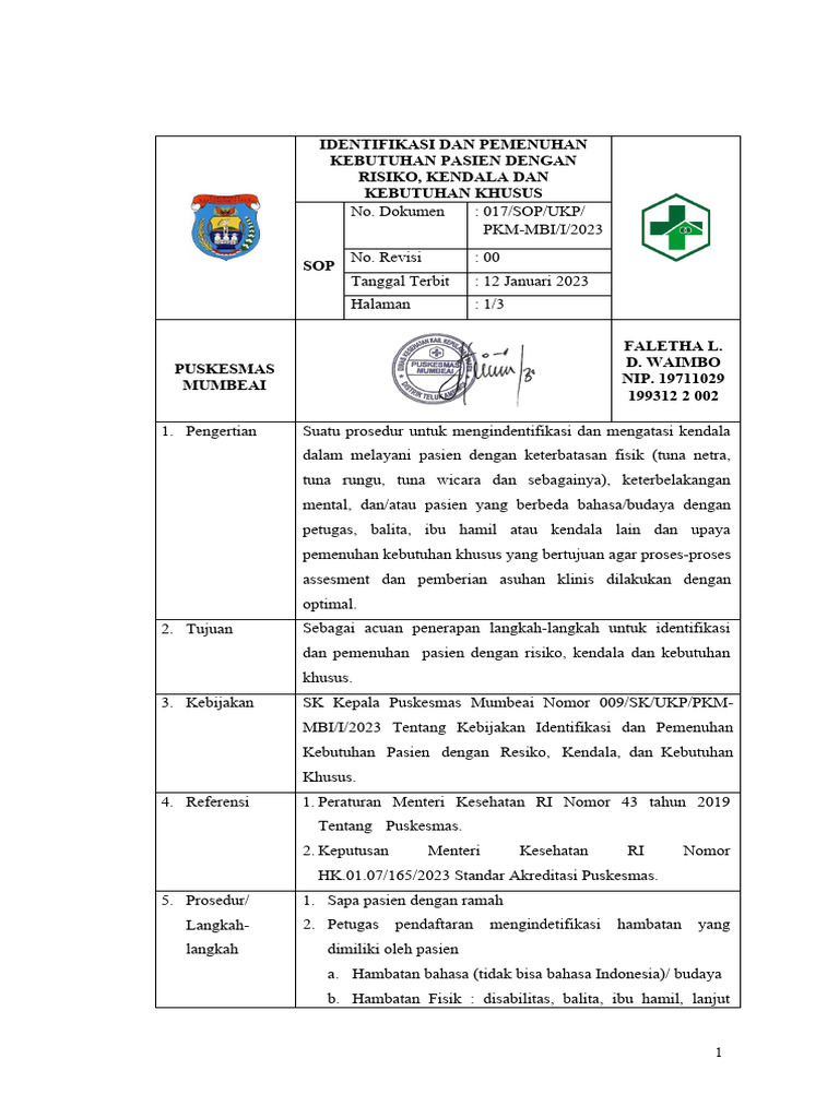 Sop Identifikasi Dan Pemenuhan Kebutuhan Pasien Dengan Risiko | PDF
