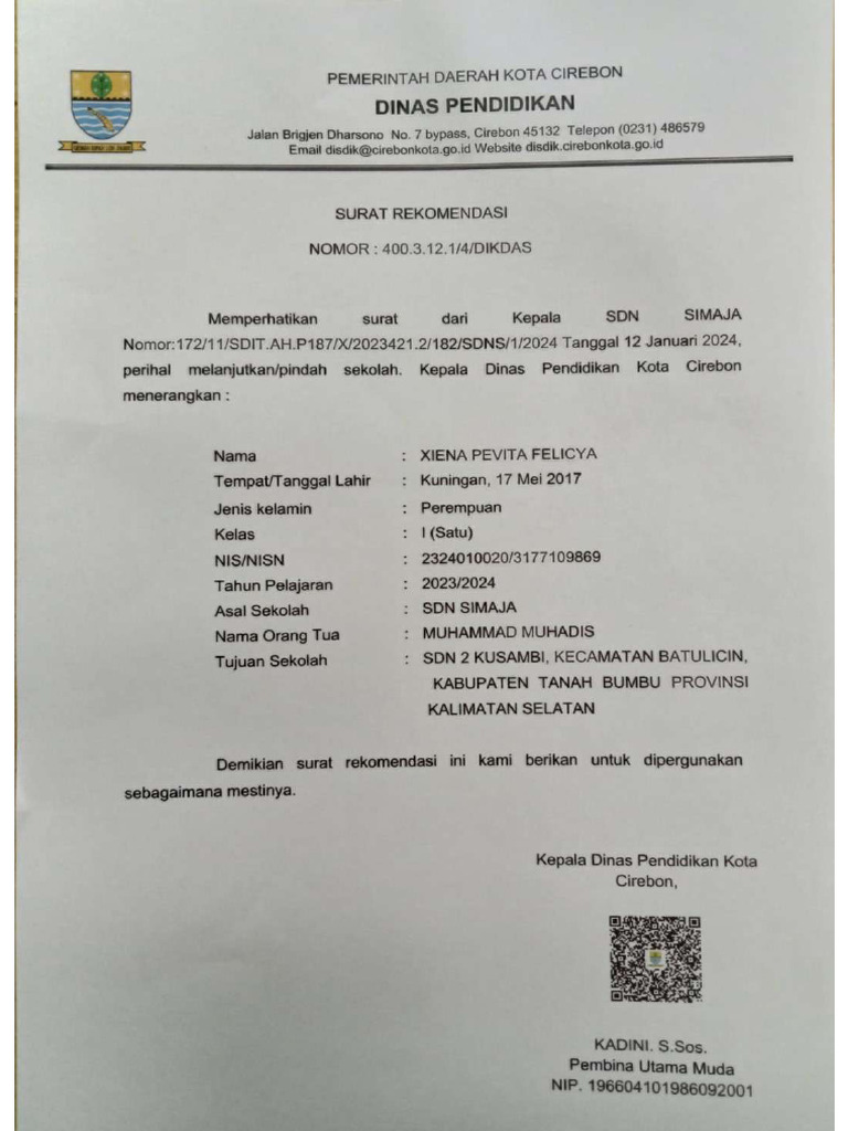 Contoh Rekom Siswa Pindah Provinsi | PDF