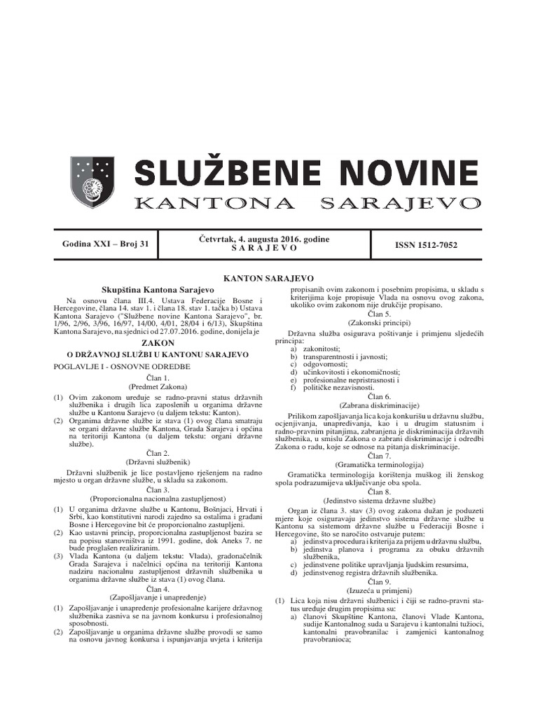 Zakon o Drzavnoj Sluzbi U Kantonu Sarajevo | PDF