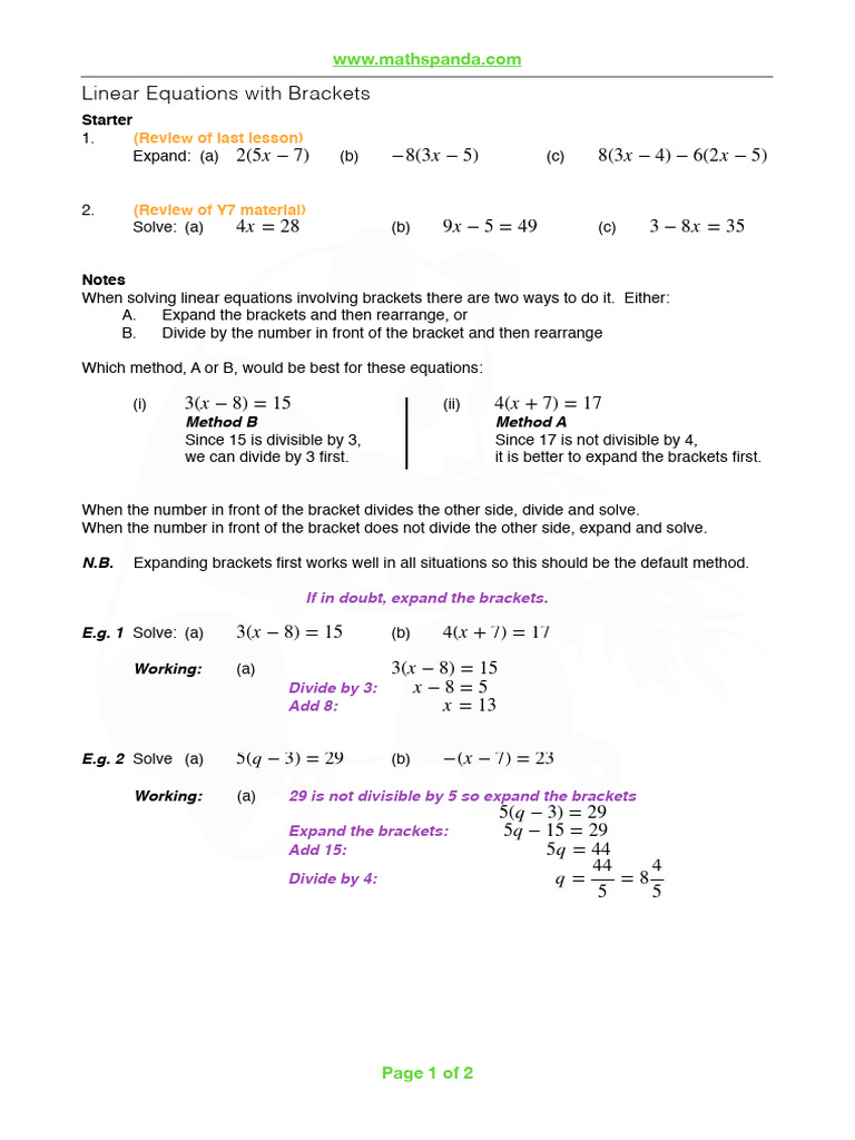 Linear Equations With Brackets LESSON | Download Free PDF | Equations ...