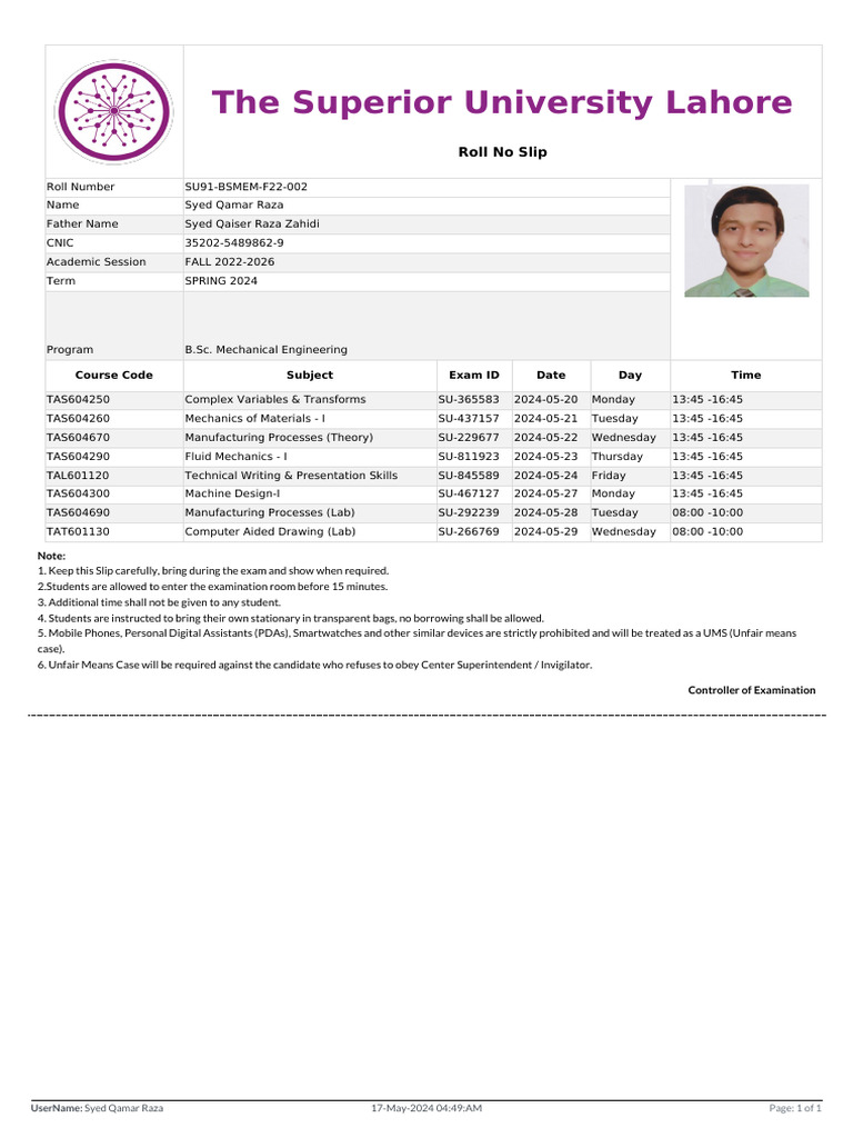 Exam Slip | PDF | Computer Science | Engineering