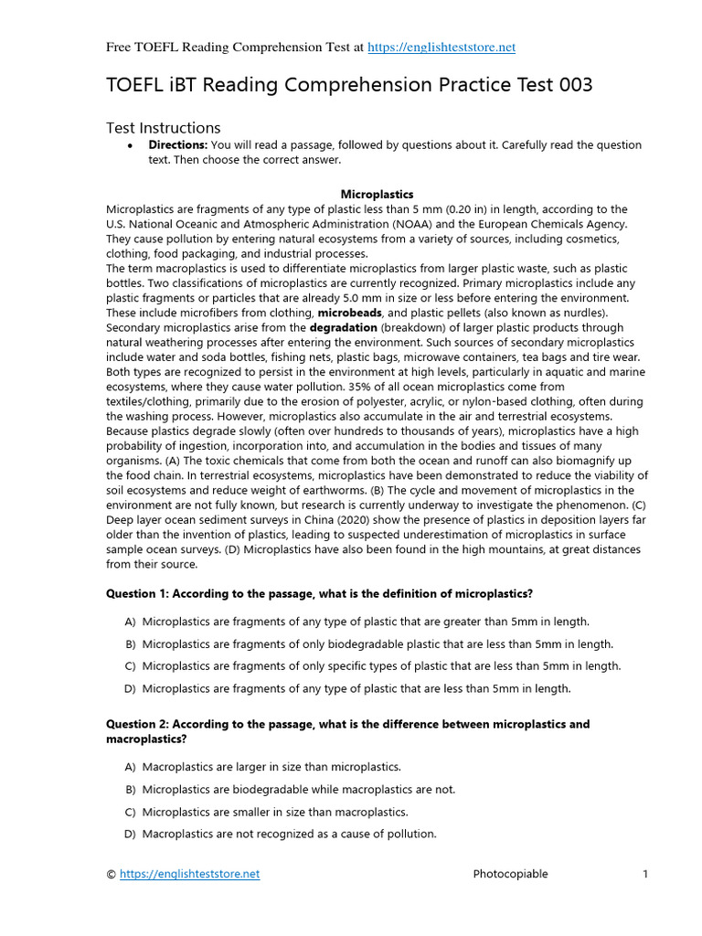 TOEFL iBT Reading Comprehension Practice Test 003 | PDF | Nature ...