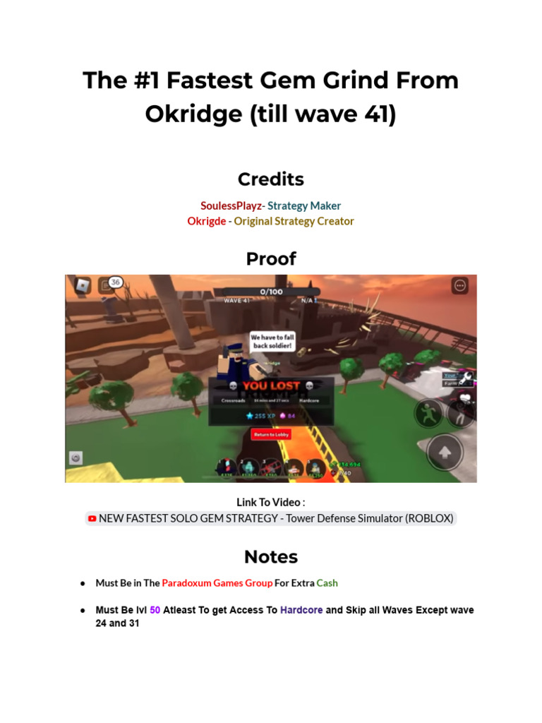 Fastest Solo Gem Grind Strategy TDS | PDF