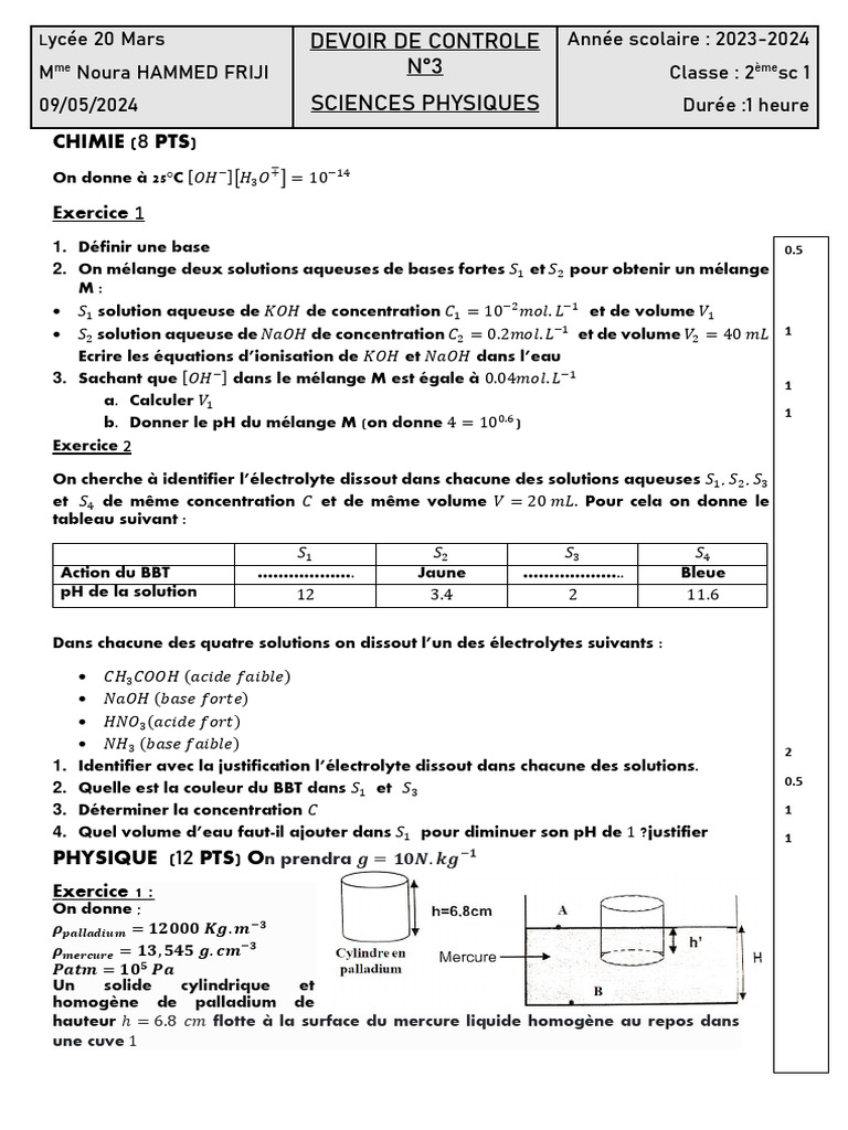 Controle 3 2024 2eme Science | PDF | Chimie | Sciences physiques