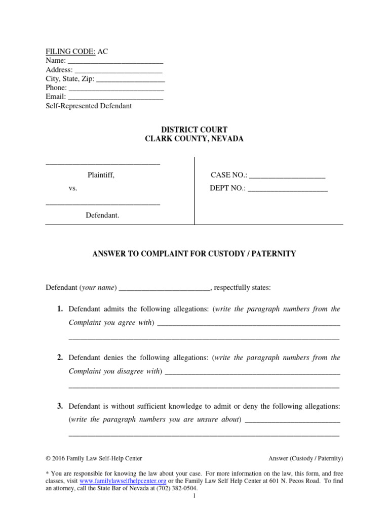Custody Answer PDF Fillable | PDF | Complaint | Legal Procedure