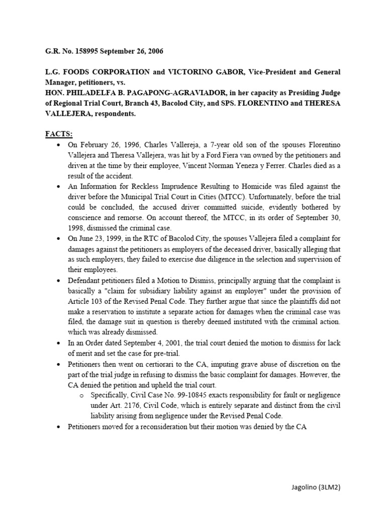 Week 5 - Case Digests | PDF | Negligence | Complaint