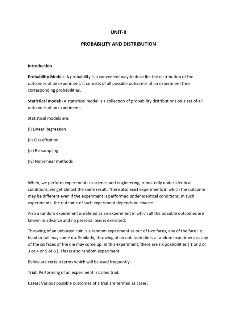 Unit-I PROBABILITY AND DISTRIBUTION | PDF | Probability Distribution | Probability Density Function