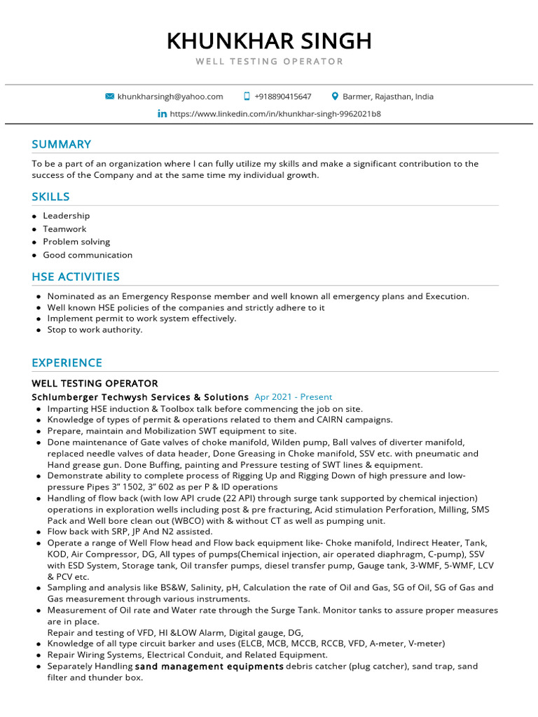 Well Testing Operator Resume | PDF | Pump | Flow Measurement