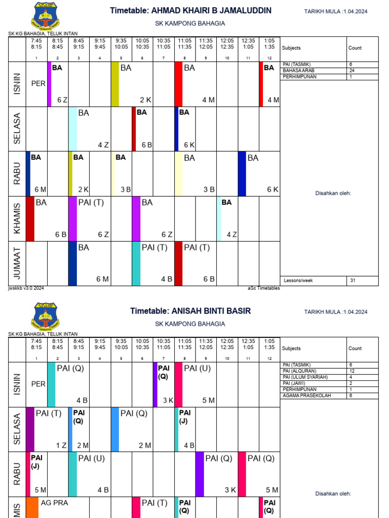 Jadual Waktu Guru SKKB v3.0 2024 | PDF