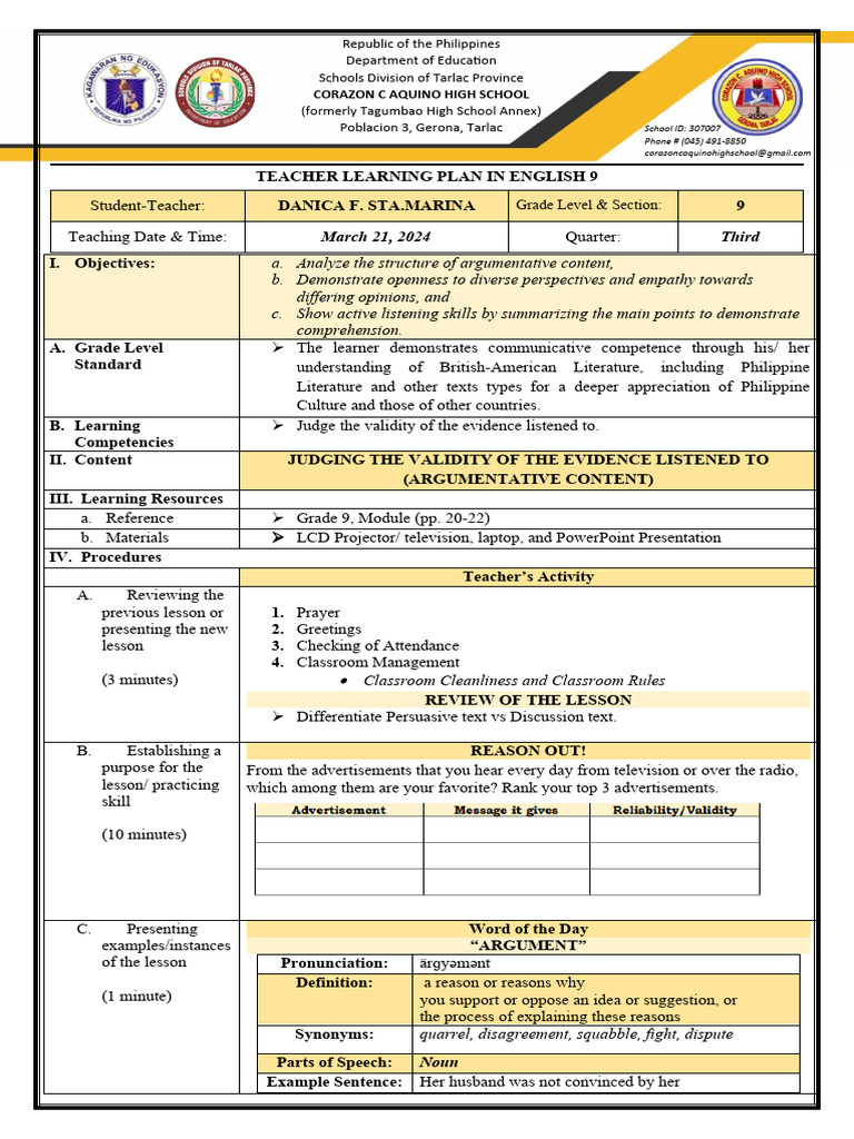 English 9 Teacher Learning Plan | PDF | Evidence | Argument