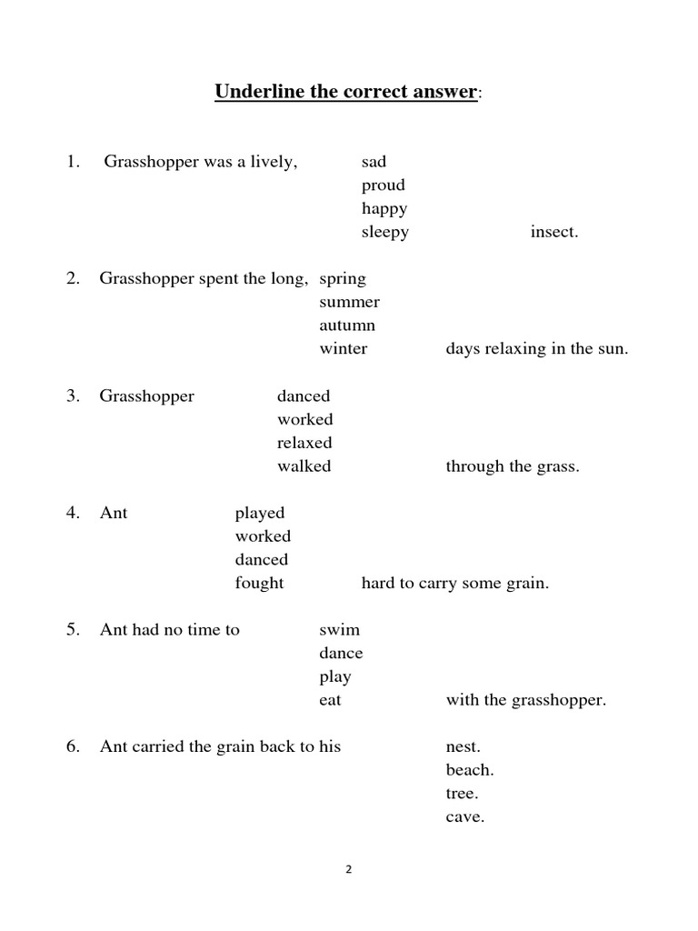 Grasshopper and Ant: Reading Comprehension Quiz | PDF