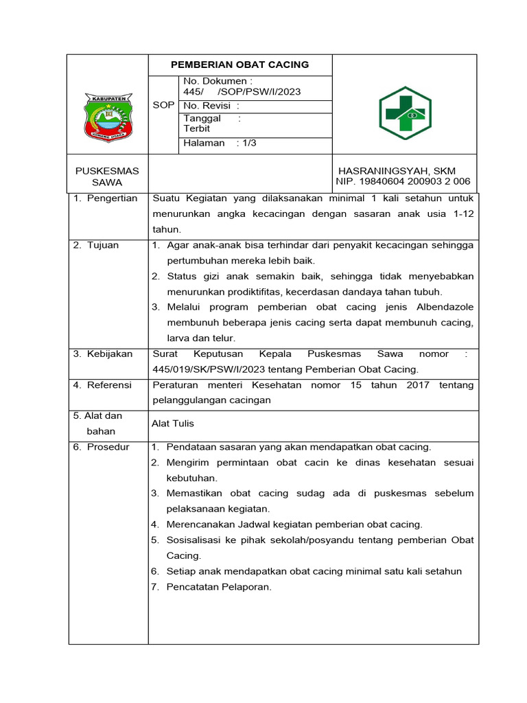 Sop Pemebrian Obat Cacing | PDF