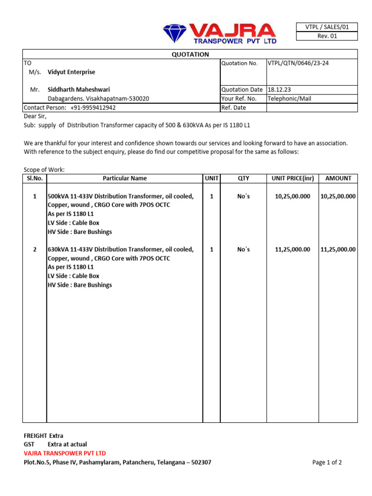 Quotation for 500 & 630kVA Transformers | PDF | Taxes | Transformer