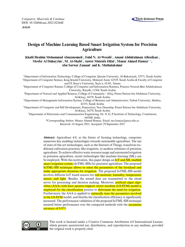 Design of Machine Learning Based Smart Irrigation System For Precision ...