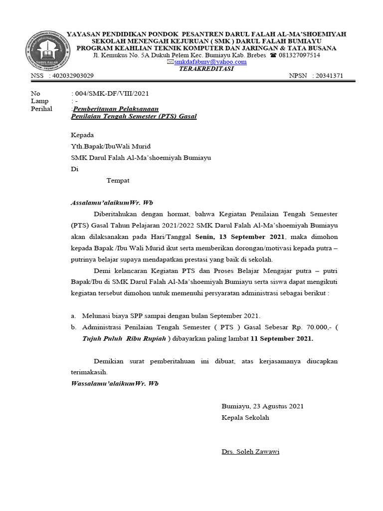 Surat Pemberitahuan Pts | PDF