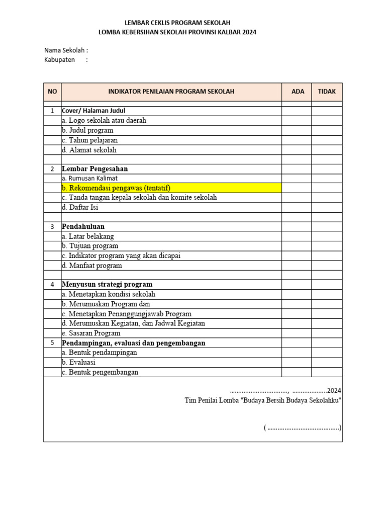 Lembar Ceklis Program Sekolah-Rev | PDF