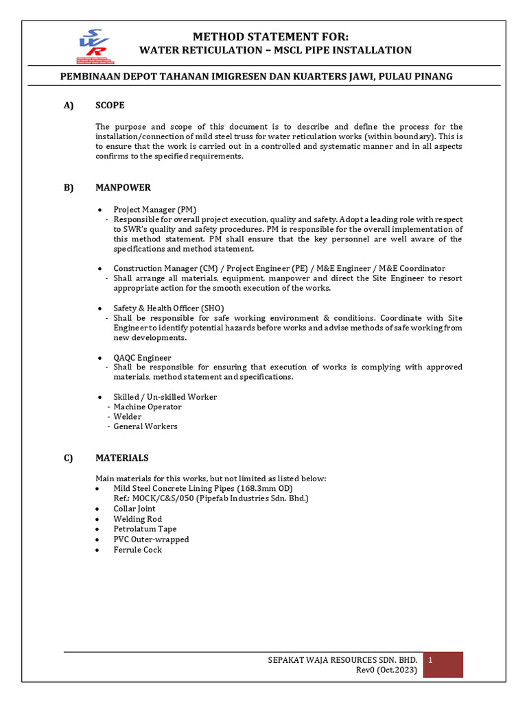 Method Statement - (WR) MSCL Pipe Installation | Download Free PDF ...
