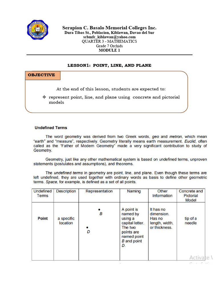 Grade 7 Math: Point, Line, Plane Basics | PDF