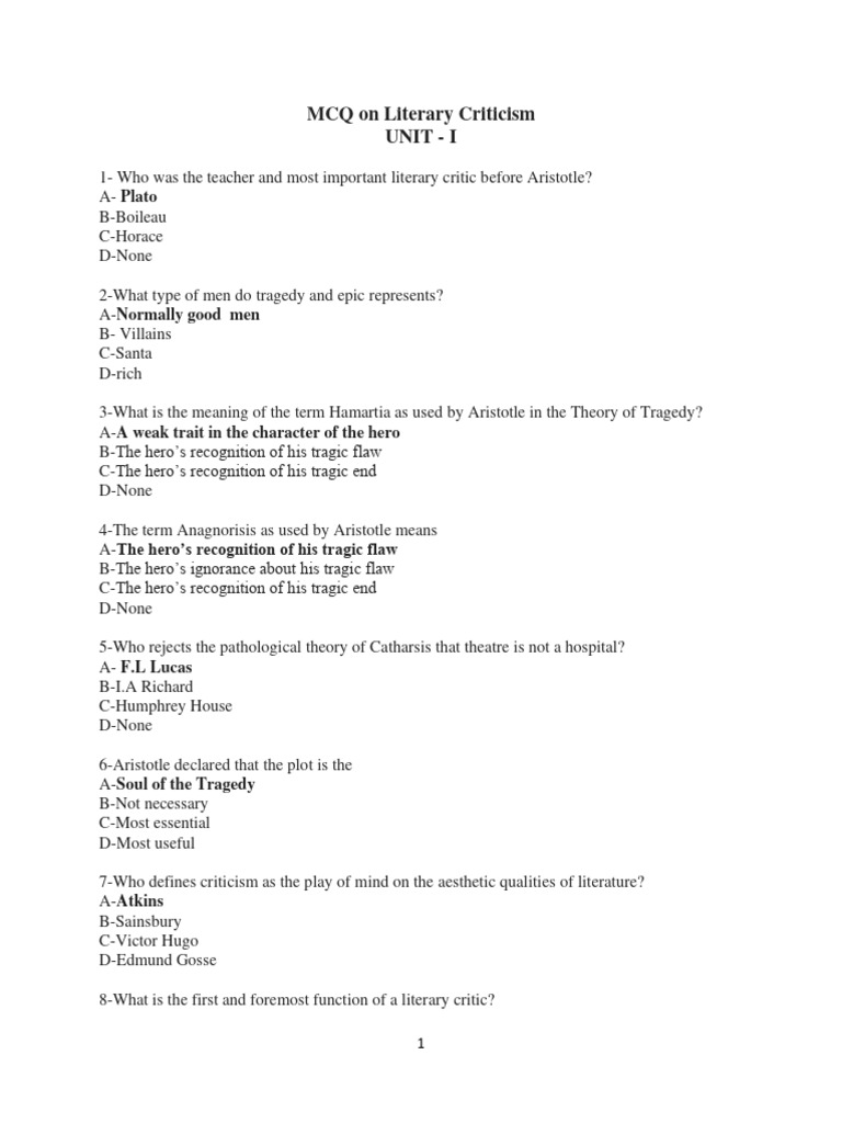Literary Criticism MCQs and Insights | PDF | John Dryden | Tragedy