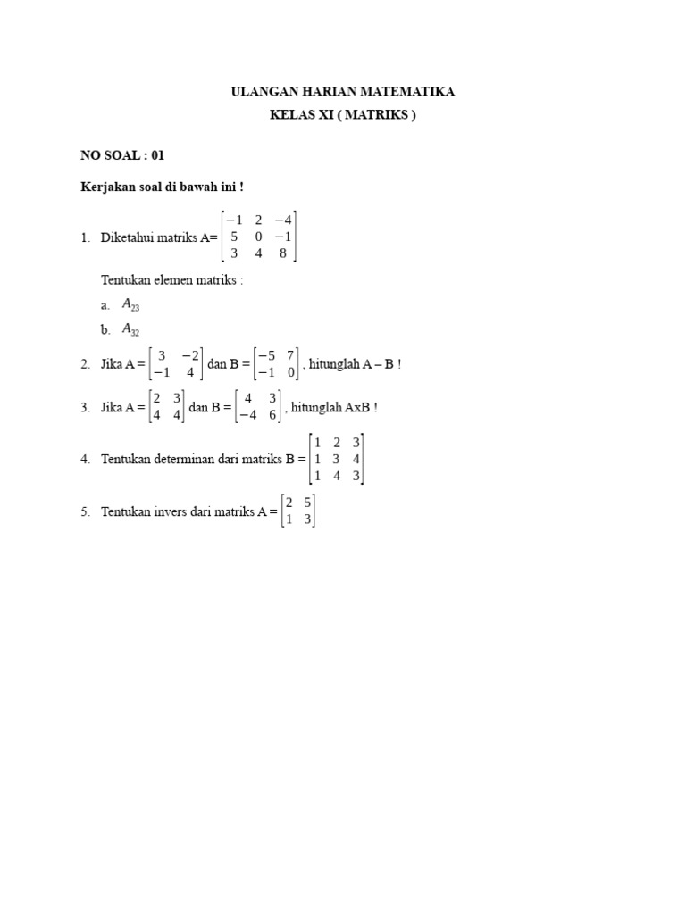 Ulangan Harian Matematika (Matriks) | PDF