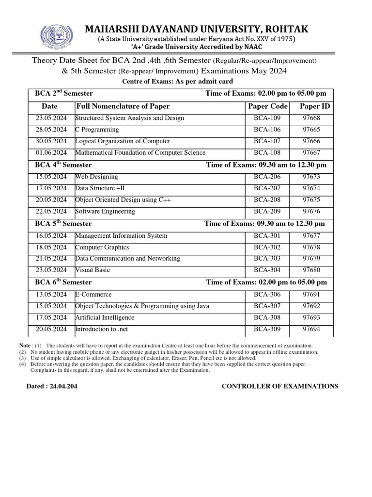 MDU BCA Exam Schedule May 2024 | PDF | Computing | Computer Science