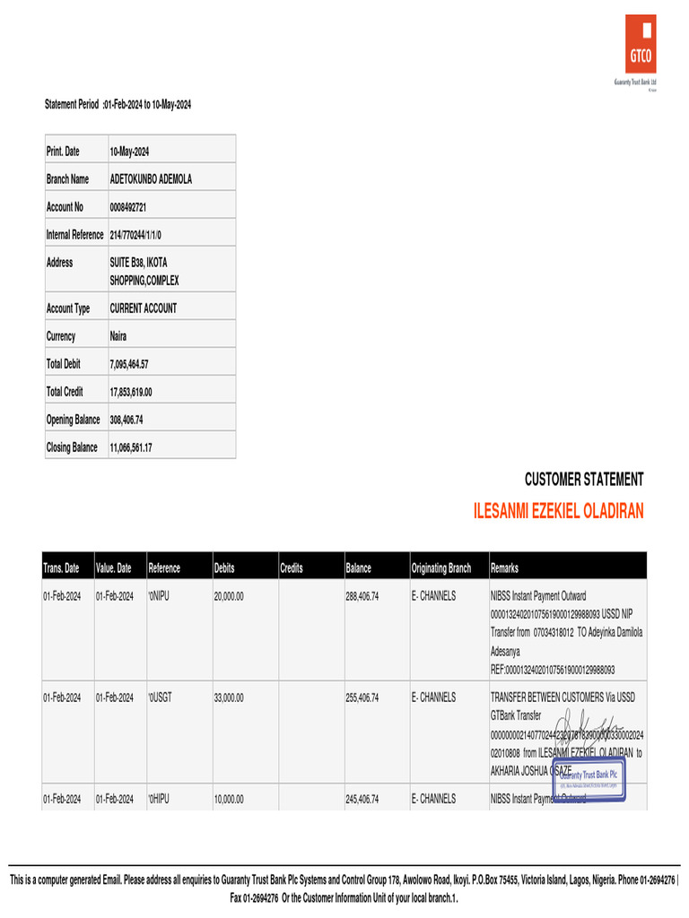 GTBank Account Statement | PDF | Services (Economics) | Banking Technology