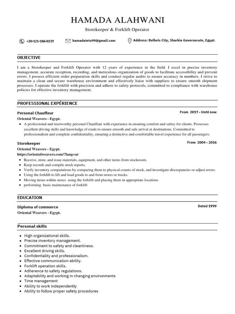 Hamada Alahwani CV | Download Free PDF | Forklift | Inventory