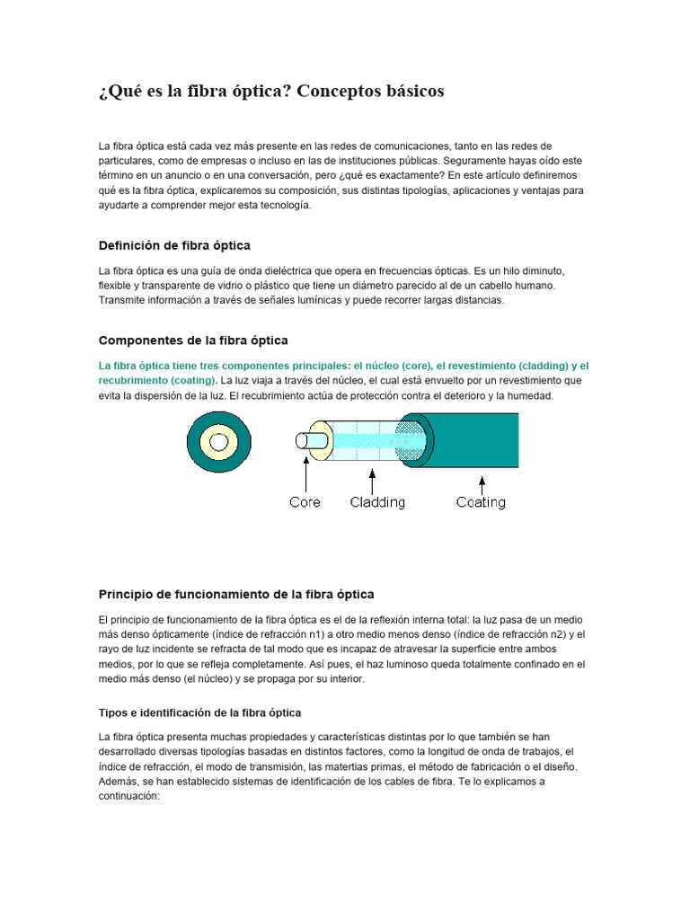 Definición y componentes de fibra óptica | PDF | Fibra óptica | Óptica