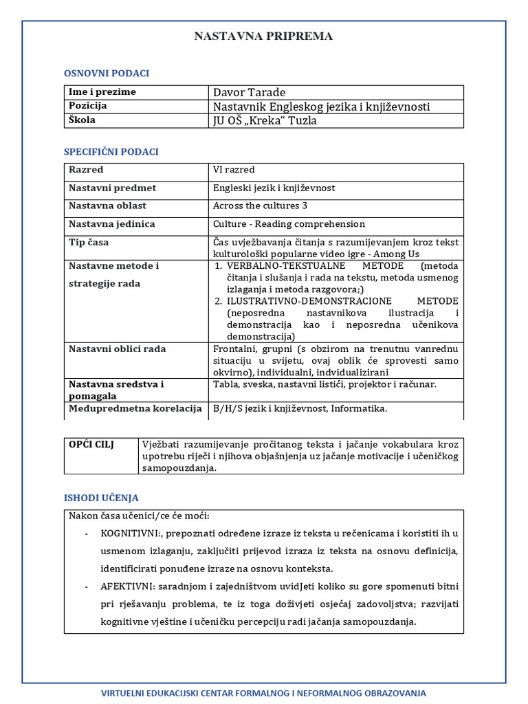 Nastavna Priprema 1 | PDF
