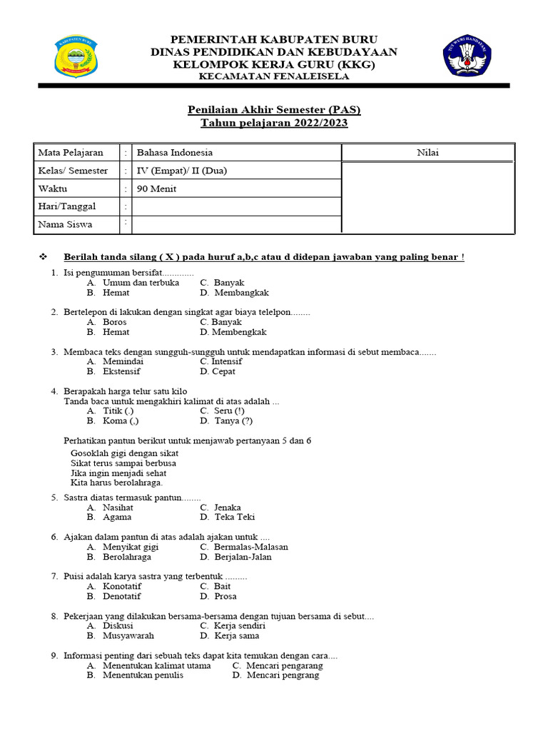 Soal Pas Bindo Kls IV Semester 2 | PDF