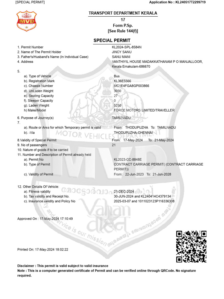 Special Permit: Transport Department Kerala 17 Form P.Sp. (See Rule 144 ...