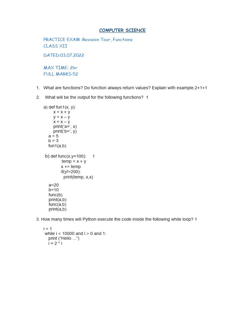 Computer Science Class XII Functions Exam | PDF | Parameter (Computer ...