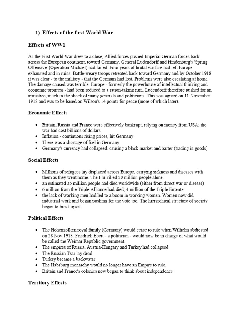 WW1 Aftermath: Economic, Social, Political Effects | PDF | Treaty Of ...