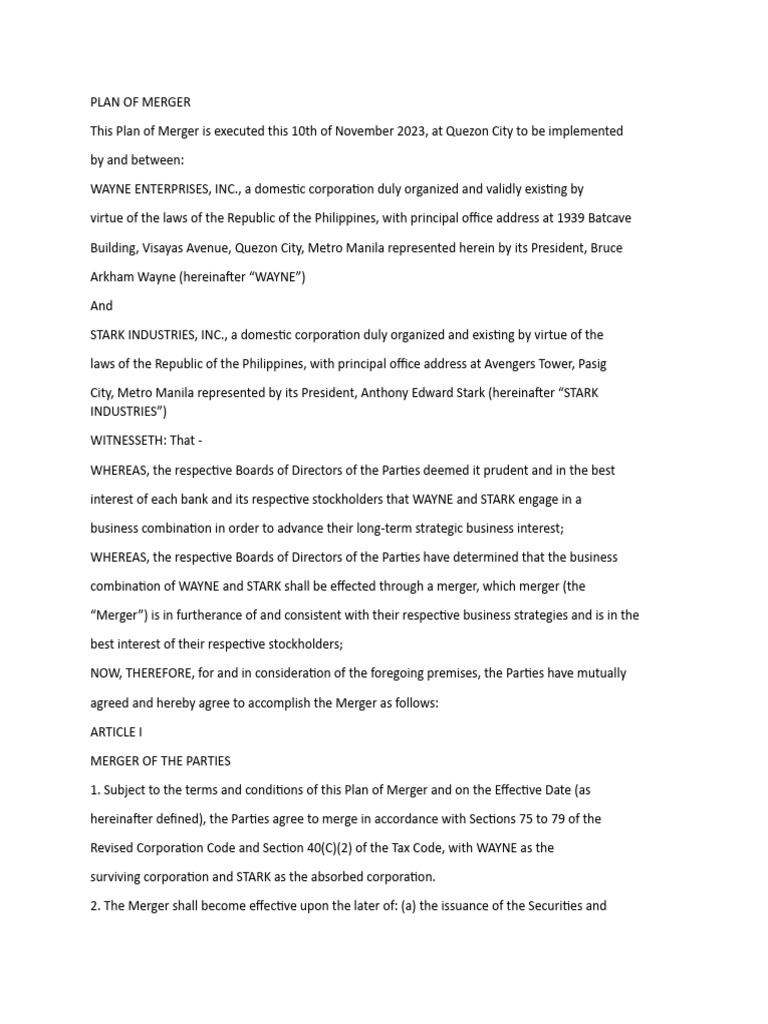 Plan of Merger | Download Free PDF | Mergers And Acquisitions | Stocks