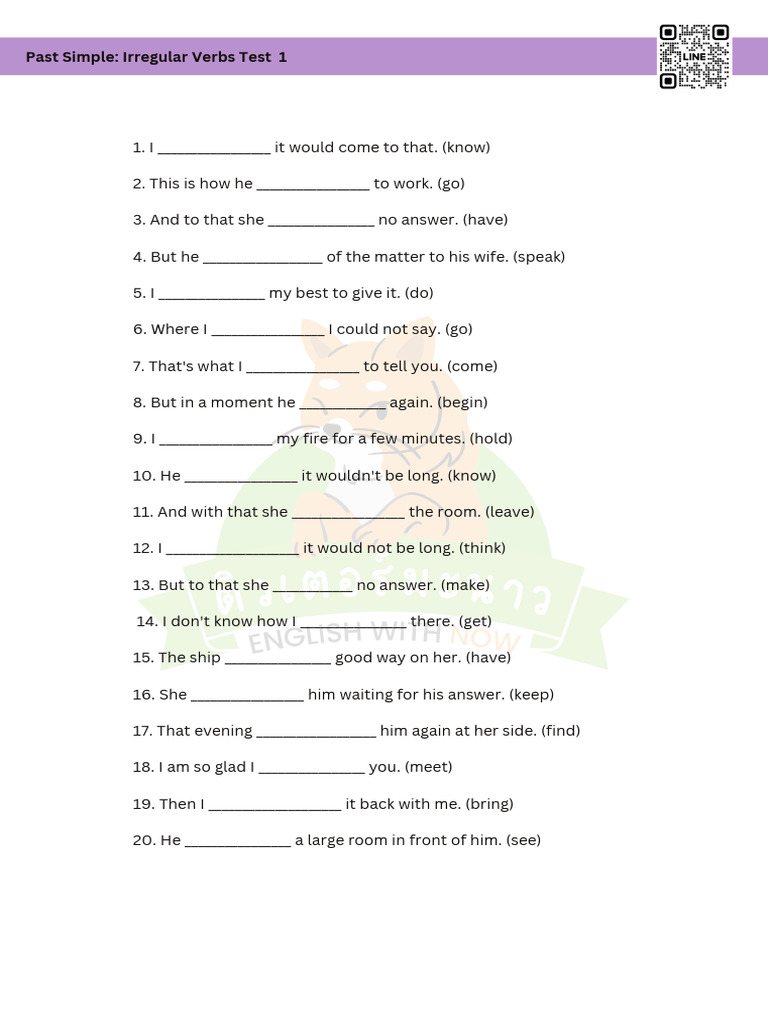 Past Simple Irregular Verbs Test 1 พร อมเฉลย Pdf