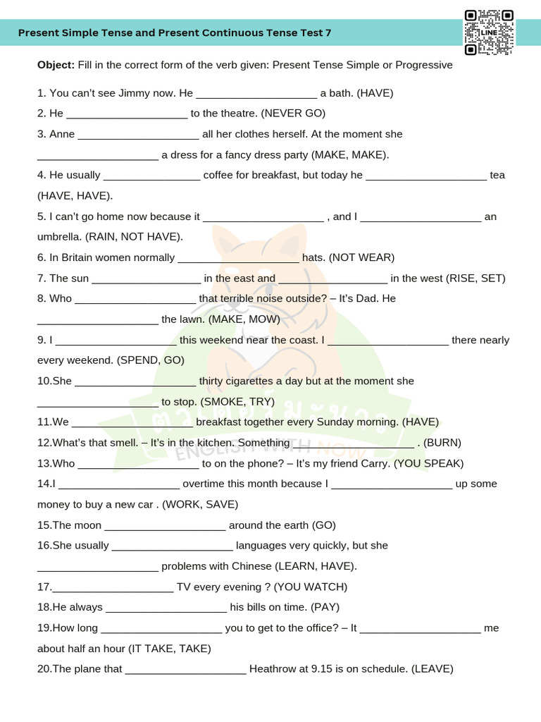 Present Simple Tense and Present Continuous Tense Test 7 พร้อมเฉลย | PDF