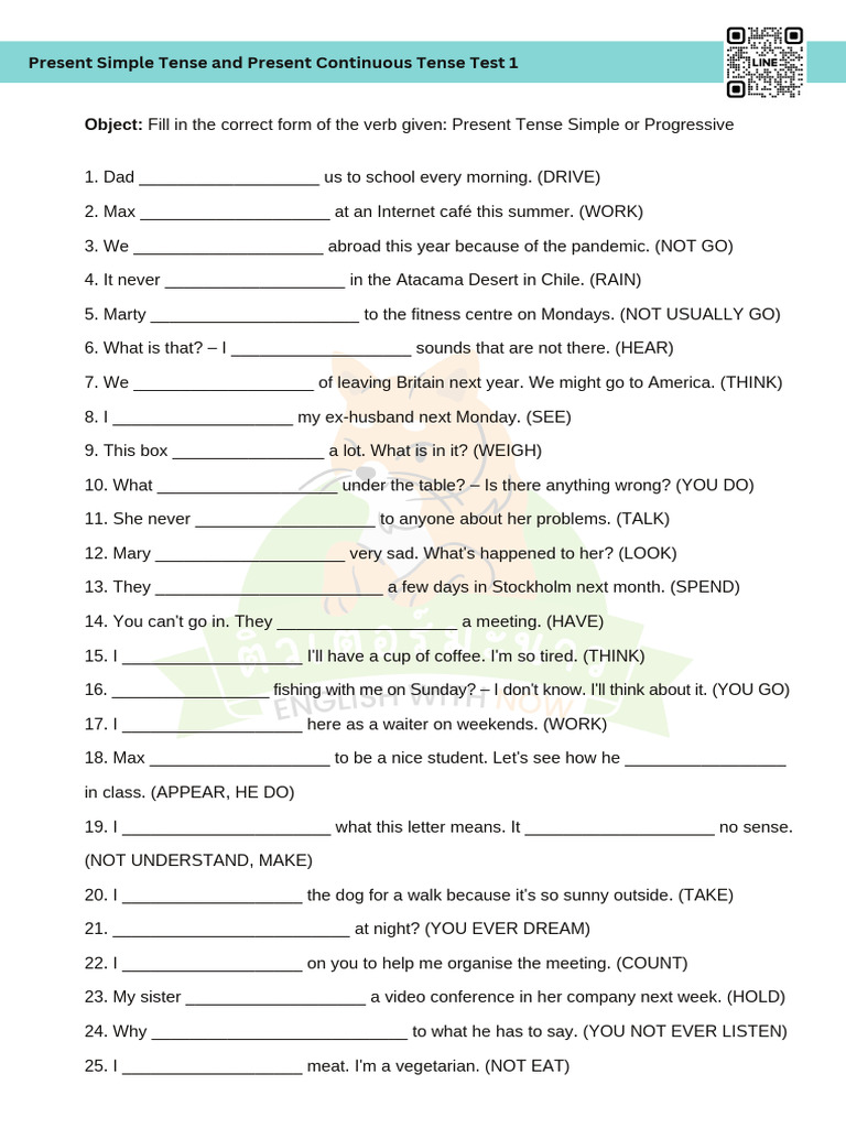 Present Simple Tense and Present Continuous Tense Test 1 พร้อมเฉลย ...