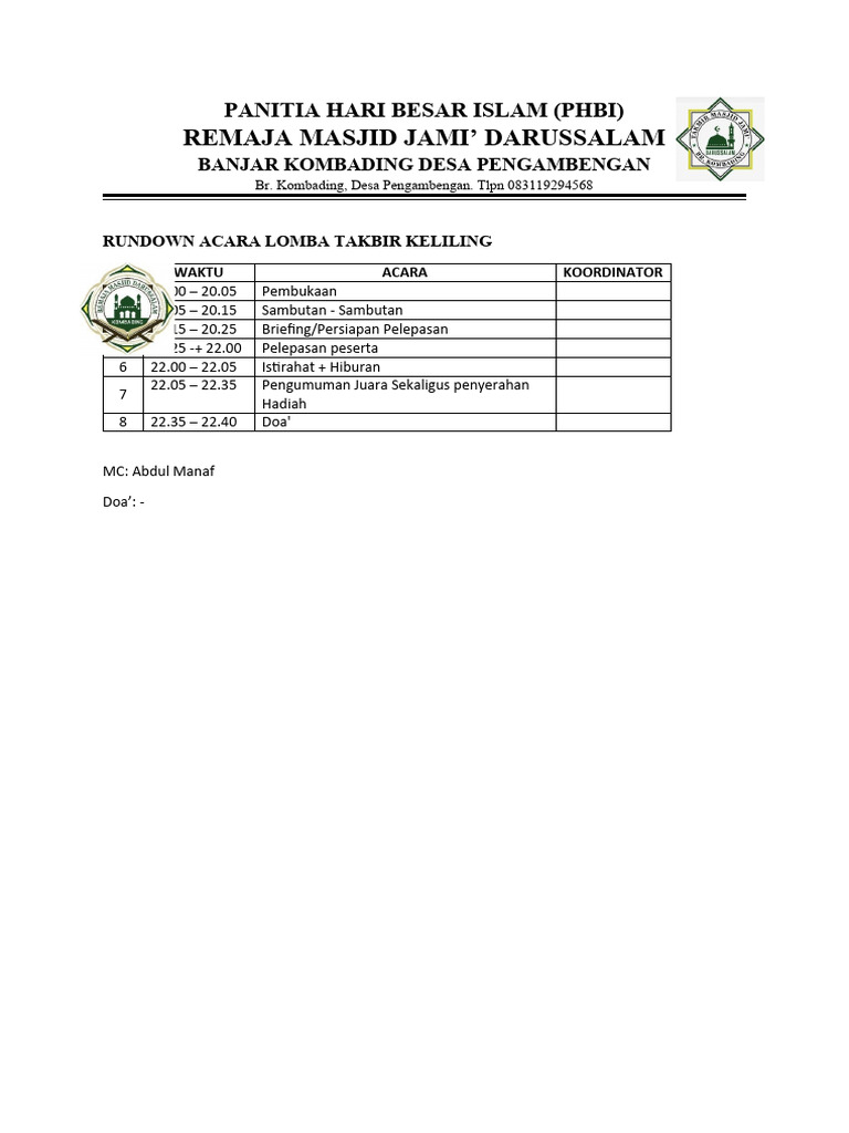 Rundown Acara Takbir Keliling Remas | PDF