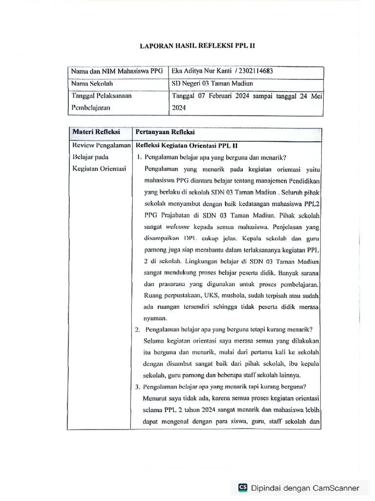 Laporan Hasil Refleksi PPL II - Eka Aditya Nur Kanti | PDF