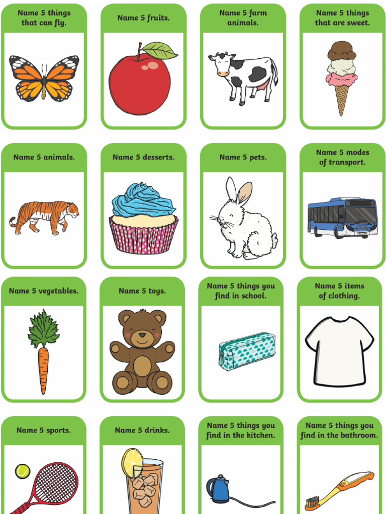 ใบงาน name 5 things (บอกหมวดหมู่คำศัพท์) categories card game | PDF