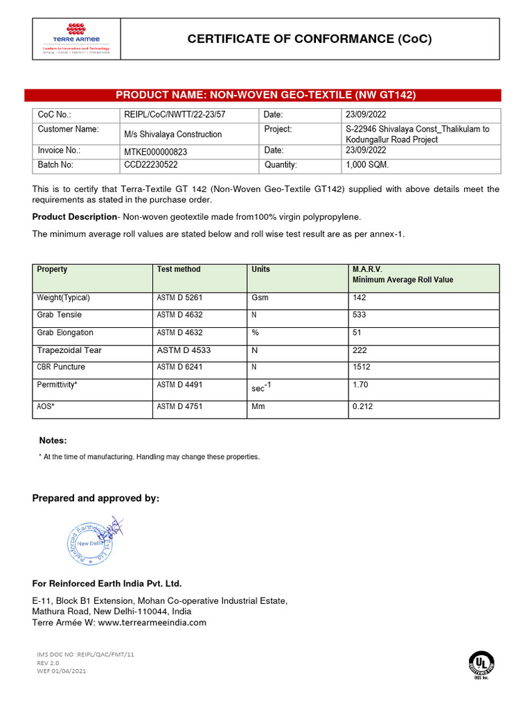 ISI Certified Geotextile CoC Report | PDF | Materials