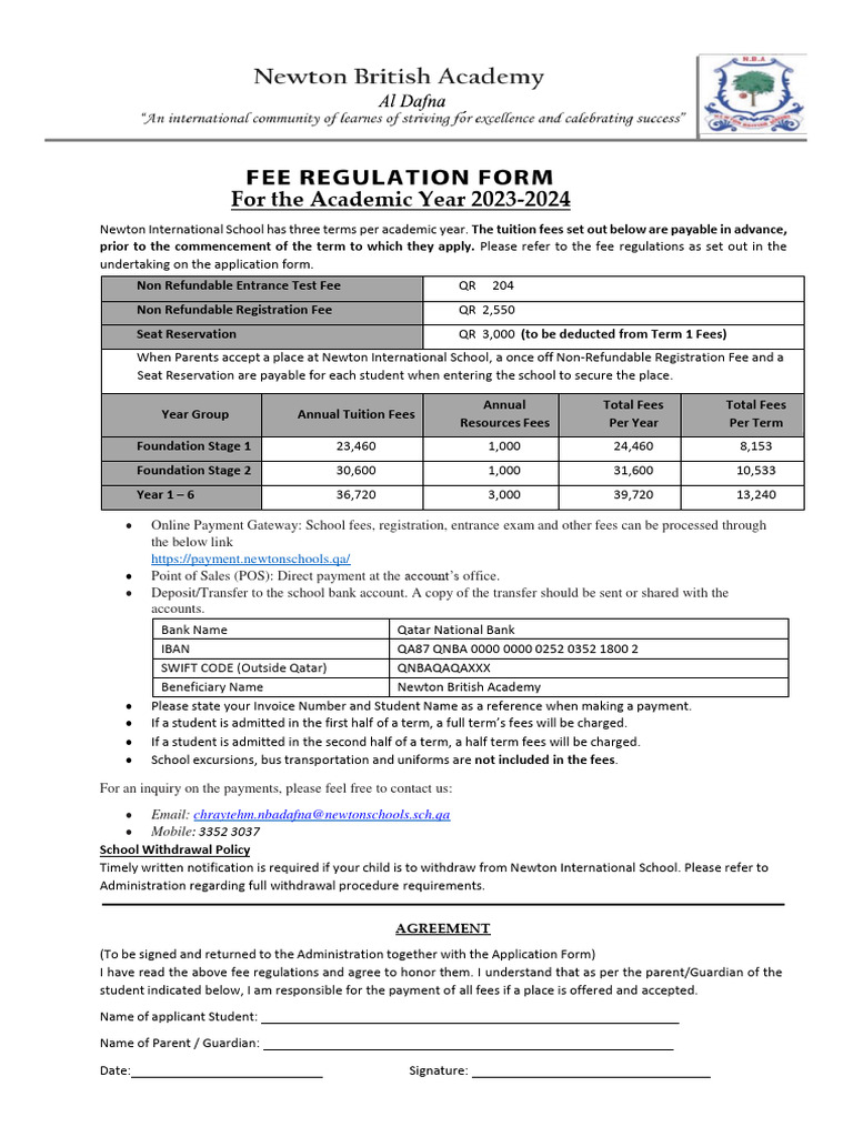 Al Dafna FEE REGULATION 2023 2024 | PDF | Fee | Payments